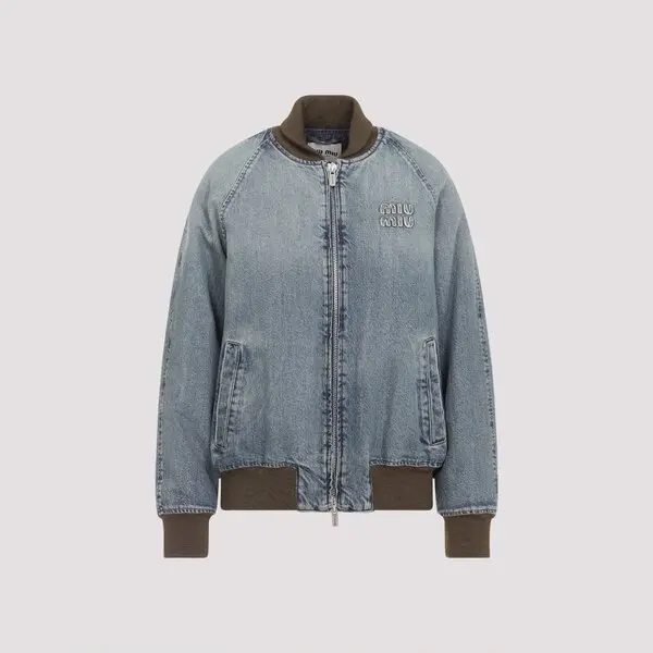 Miu Miu Denim Blouson Jacket With Leather Accents - Blue