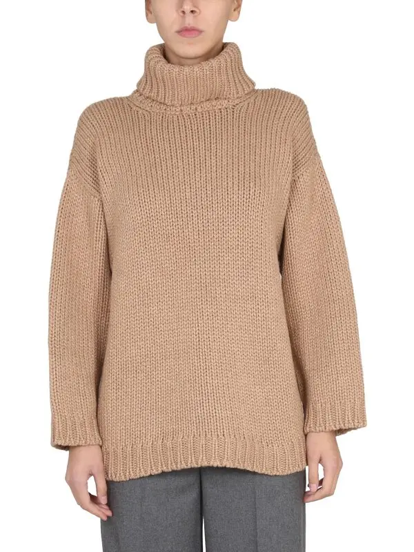 Red Valentino High Neck Ribbed Wool And Lurex Blend Sweater - Beige