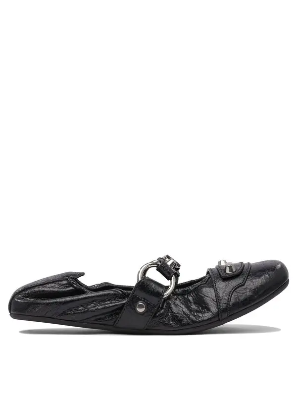 Balenciaga City Leather Ballerinas With Silver Stud Detailing - Black
