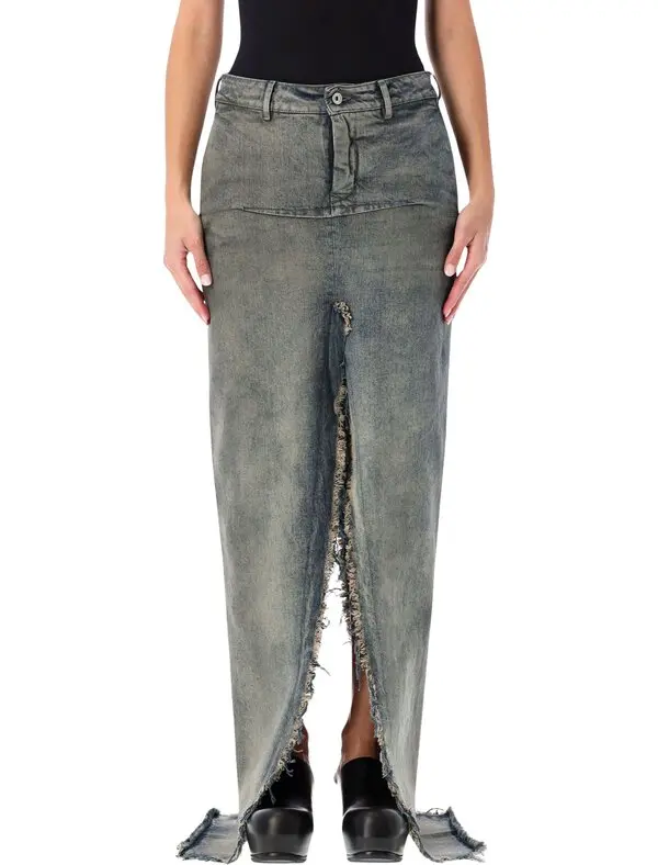 Rick Owens Denim Maxi Skirt With Raw Edge Slits - Blue