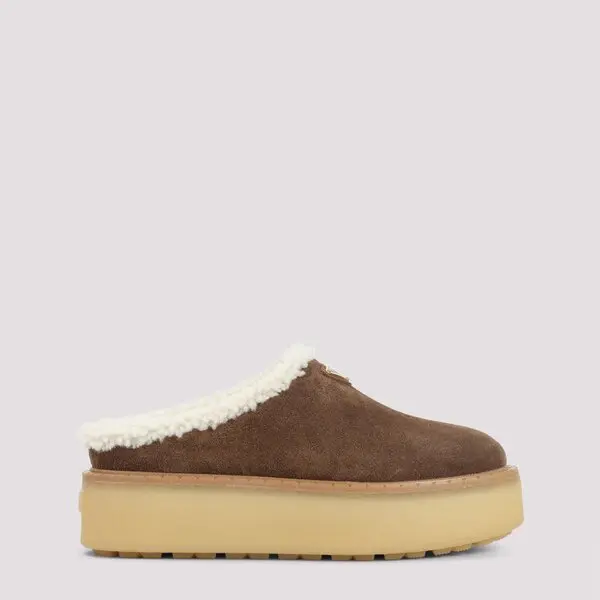 Prada Calf Leather Mules With Shearling Trim - Brown