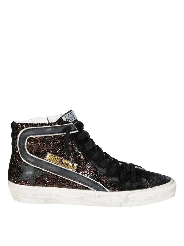 GOLDEN GOOSE Slide In Glitter With Leather Star And Flash - Marrone