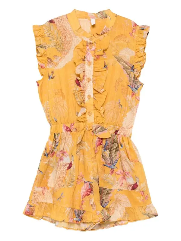 Zimmermann Mini Printed Drawstring Romper With Ruffle Details