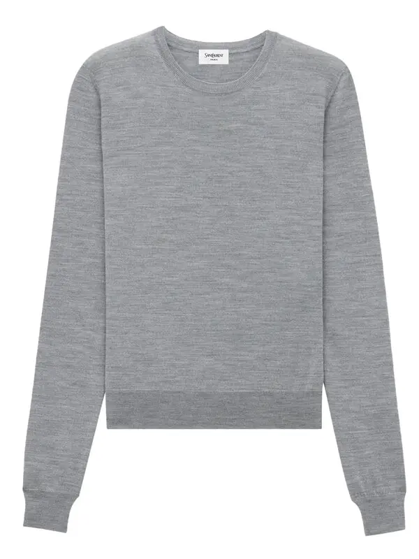 Saint Laurent Fitted Crew Neck Sweater With Cassandre Embroidery - Grey