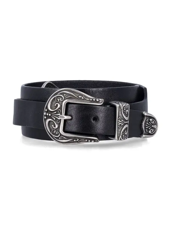 GOLDEN GOOSE Washed Leather Belt With Engraved Double Buckle - Black