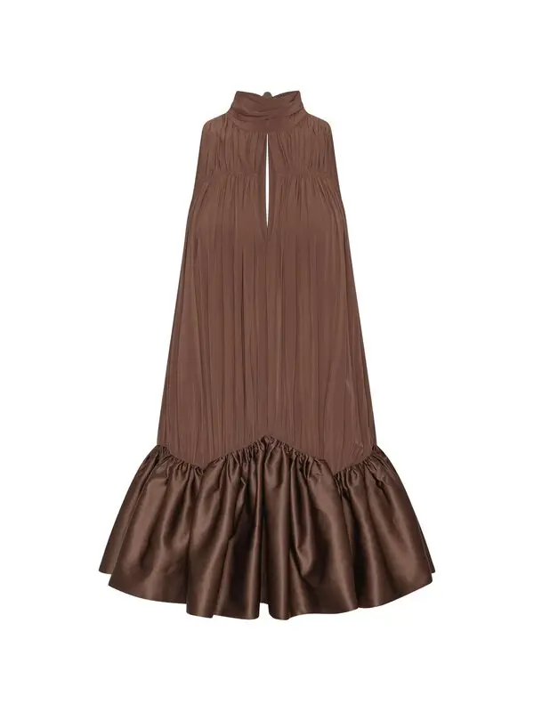 ROTATE BY BIRGER CHRISTENSEN Sleeveless High Neck Gathered Mini Dress With Ruffled Hem - Brown