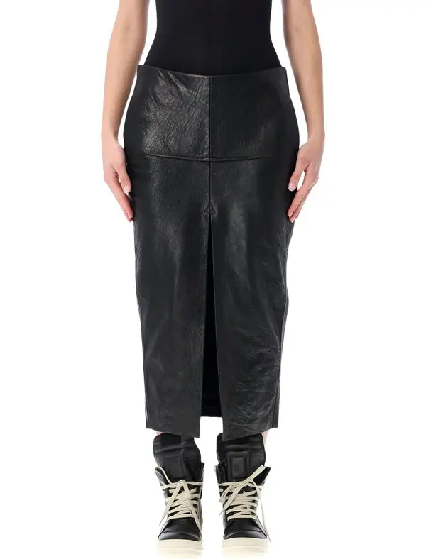 Rick Owens Leather Midi Skirt With Slit