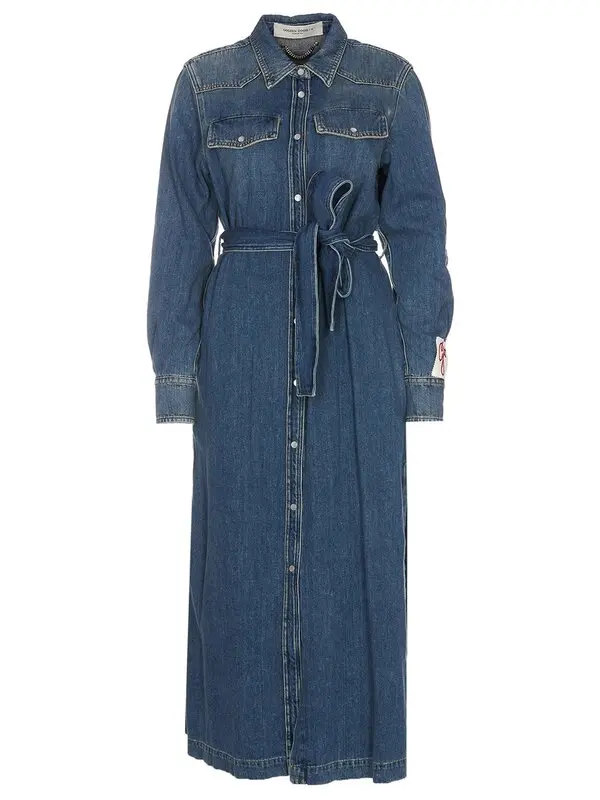 GOLDEN GOOSE Distressed Denim Shirt Dress With Tone-on-tone Waistband - Blue