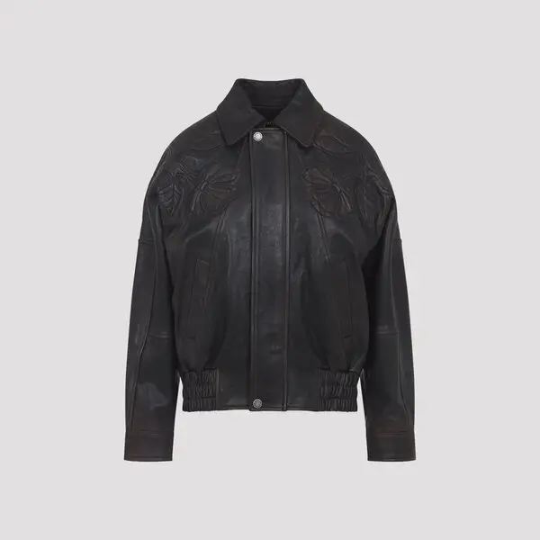 GOLDEN GOOSE Nappa Leather Bomber Jacket With Floral Embroidery - Black