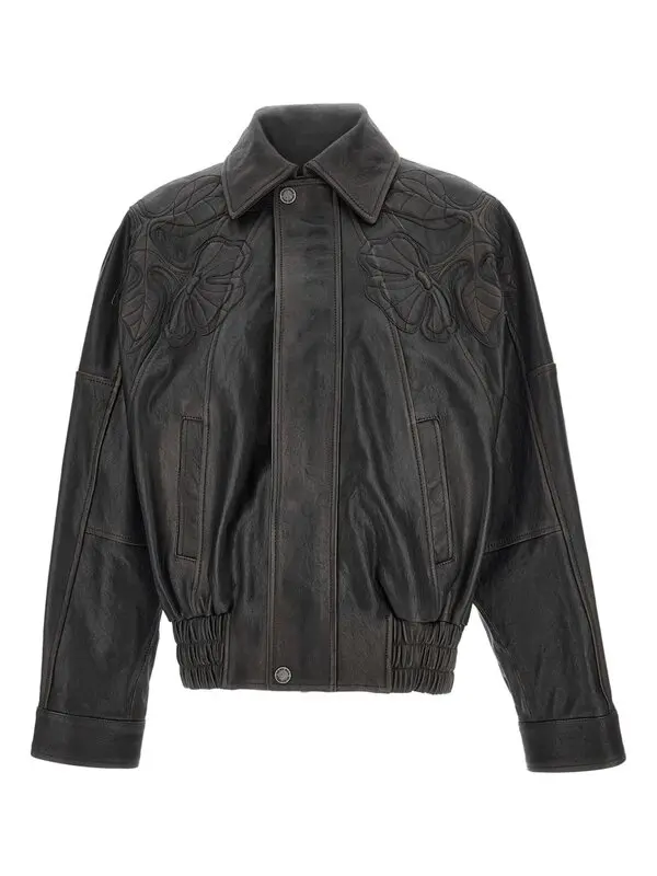 GOLDEN GOOSE Nappa Leather Bomber Jacket With Floral Embroidery - Brown