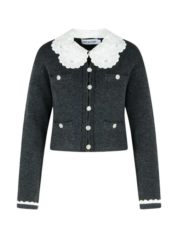 SELF-PORTRAIT Lace Collar Cardigan - Grey