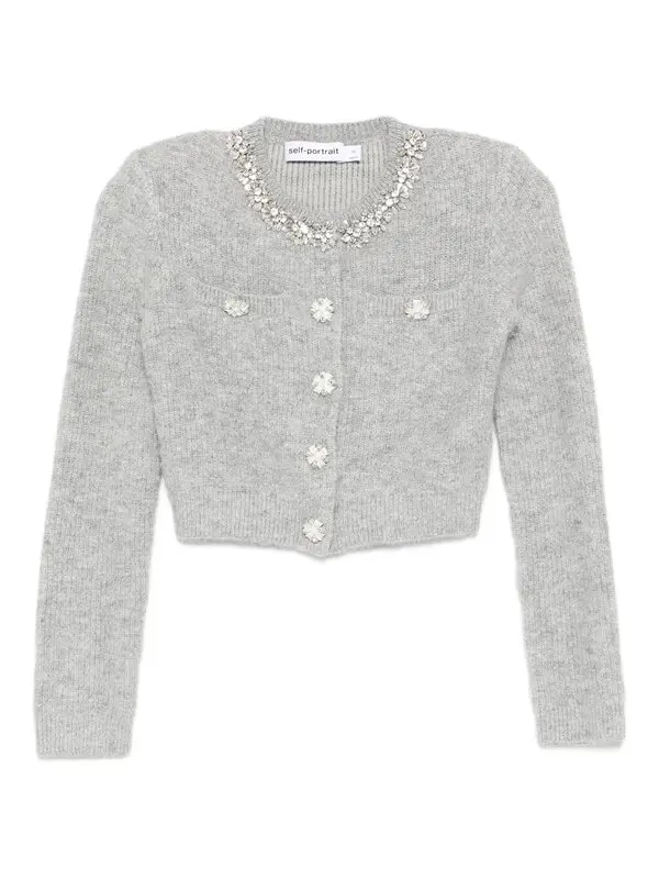 SELF-PORTRAIT Crystal-embellished Ribbed-knit Cardigan - Grey