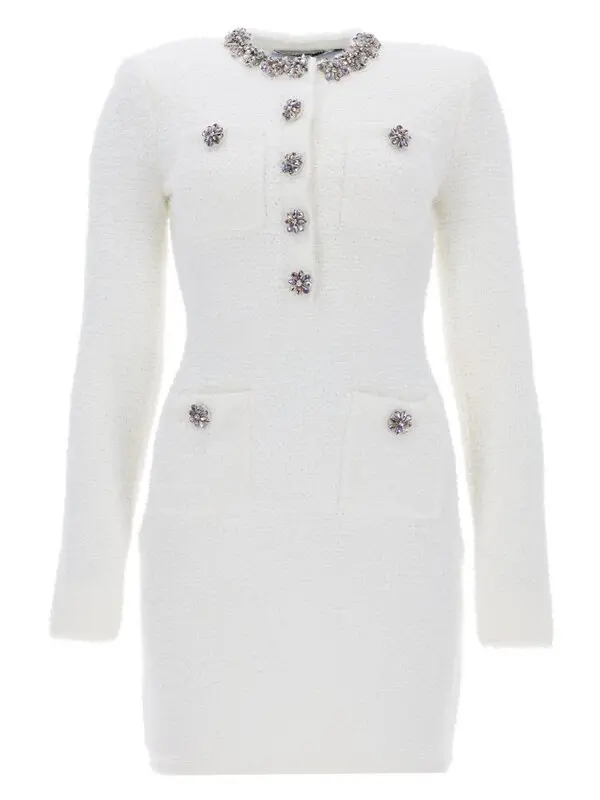 SELF-PORTRAIT Crystal Trim Knit Mini Dress - White