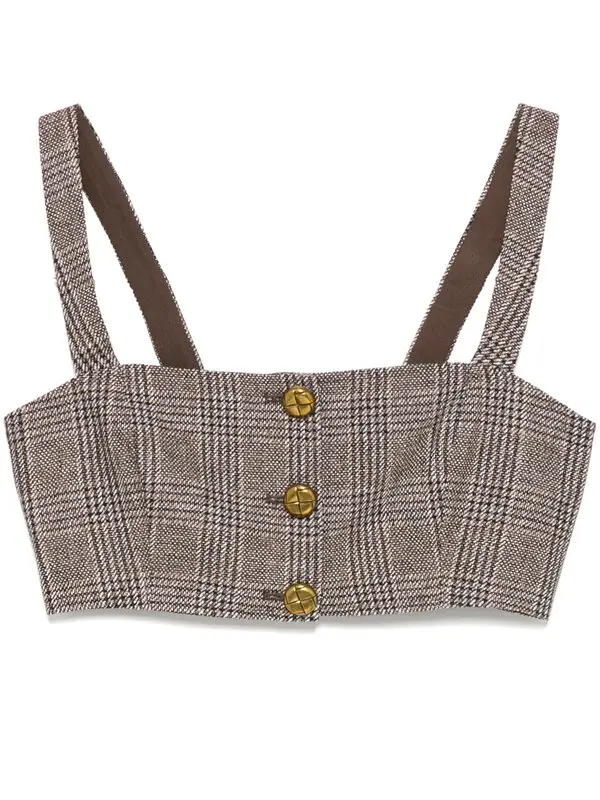 SELF-PORTRAIT Checkered Button-up Top With Gathered Back - Brown