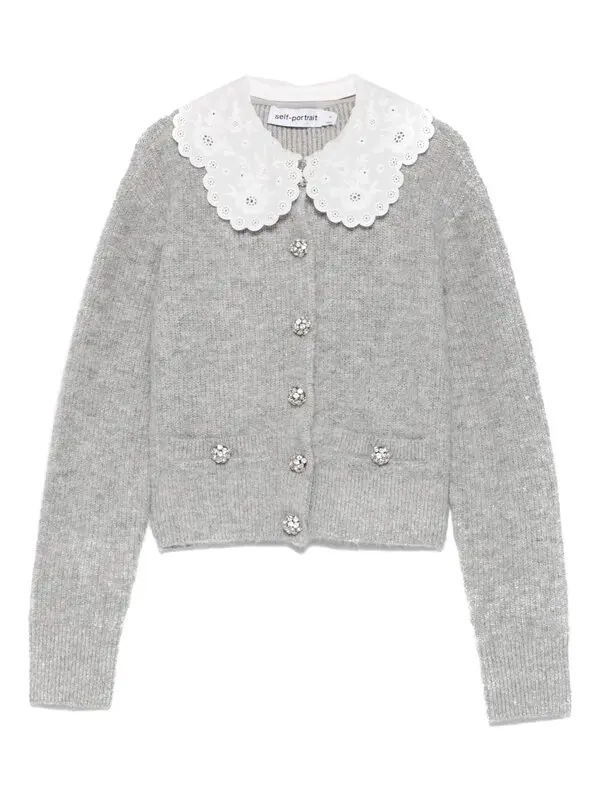 SELF-PORTRAIT Embellished Scalloped Collar Cardigan - Grey
