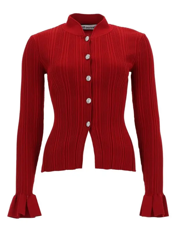 SELF-PORTRAIT Ribbed Knit Cropped Cardigan With Jewel Buttons