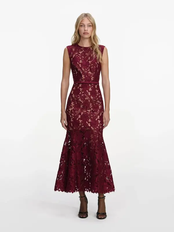 SELF-PORTRAIT Lace Midi Dress With Removable Belt - Red
