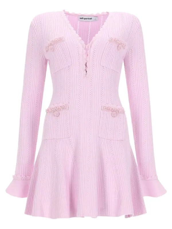 SELF-PORTRAIT Pearl Trim Knit Mini Dress - Pink