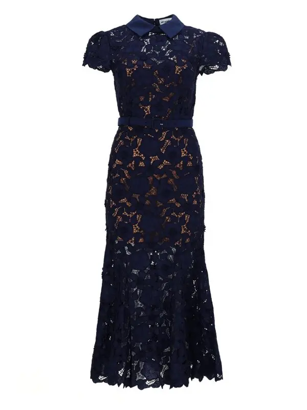 SELF-PORTRAIT Lace Midi Dress With Belt - Blue