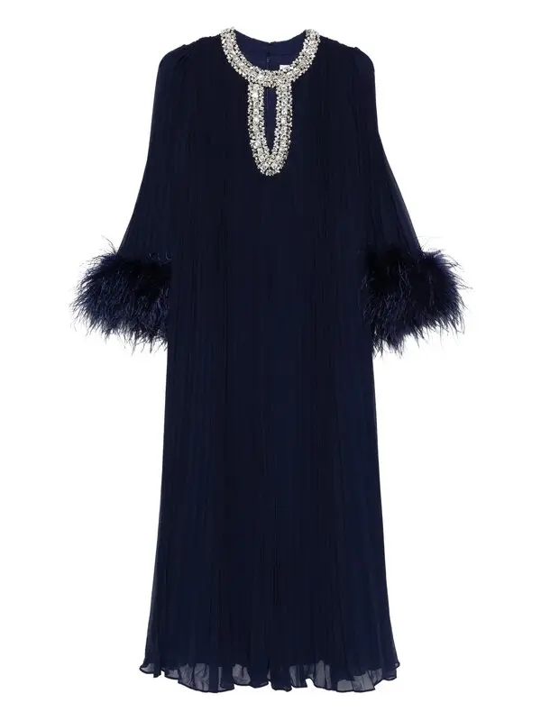 SELF-PORTRAIT Pleated Midi Dress With Rhinestone Neckline And Feathered Cuffs - Blue