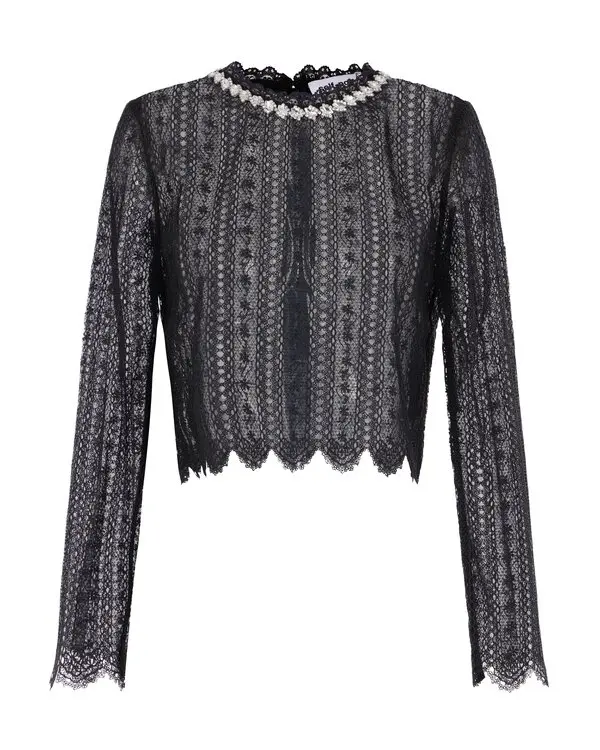 SELF-PORTRAIT Lace Top With Embellished Neckline - Black