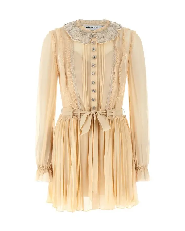 SELF-PORTRAIT Embellished Collar Pleated Mini Dress - Tan