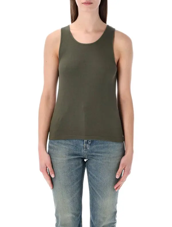Saint Laurent Sleeveless Ribbed Cotton Tank Top - Kaki Fonce