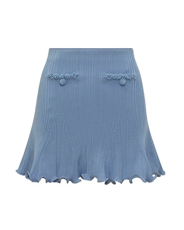 SELF-PORTRAIT Ribbed Knit Mini Skirt With Embellished Pockets - Blue