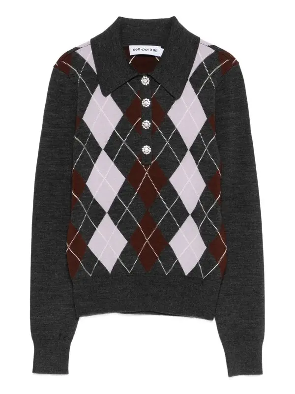 SELF-PORTRAIT Argyle Wool Polo Top With Rhinestone Buttons - Grey