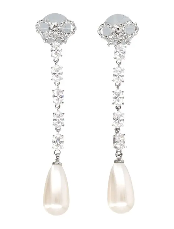 SELF-PORTRAIT Bow Pearl Droplet Earrings 7 Cm Length - Silver