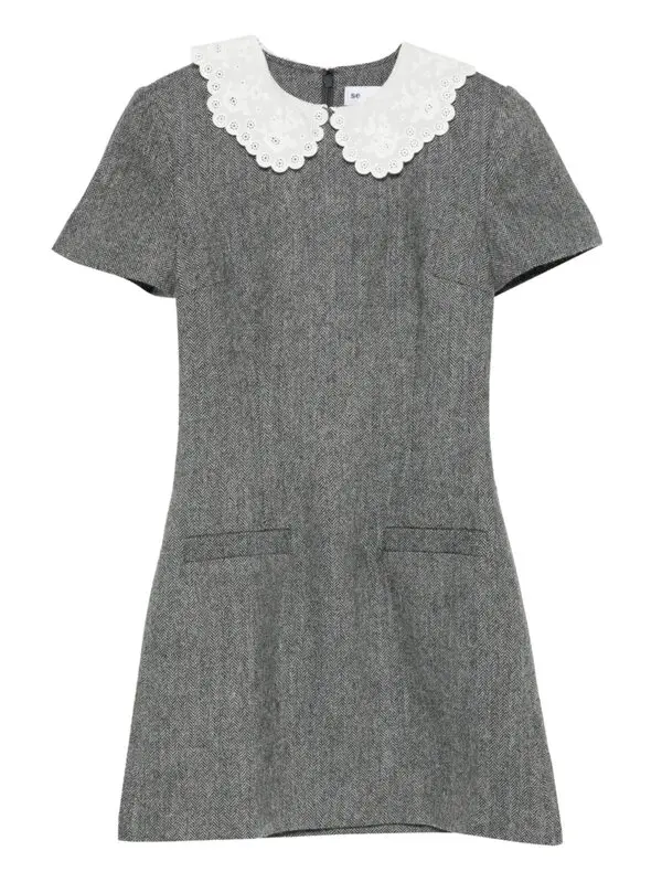 SELF-PORTRAIT Herringbone Wool-blend Mini Dress With Peter Pan Collar - Grey