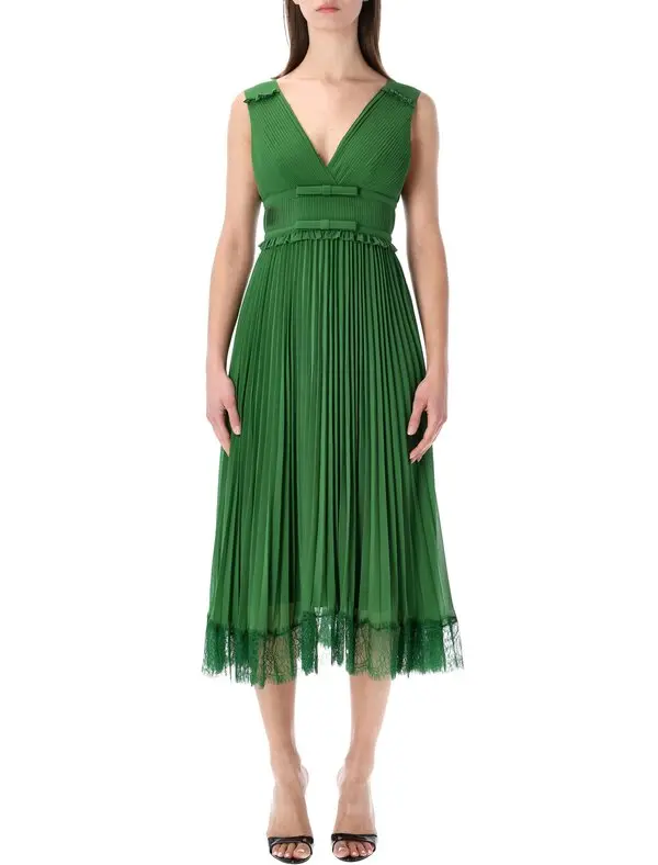 SELF-PORTRAIT Pleated Chiffon Midi Dress With Lace Trim