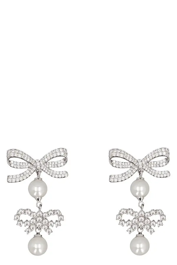 SELF-PORTRAIT Double Bow Pearl Crystal Earrings - Silver