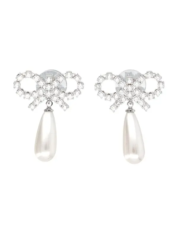 SELF-PORTRAIT Mini Crystal Bow Pearl Drop Earrings - Silver