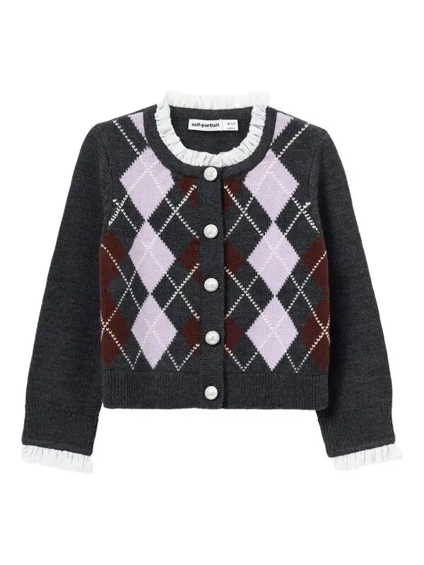 SELF-PORTRAIT Argyle Diamond Pattern Cardigan With Ruffled Collar And Hem - Grey