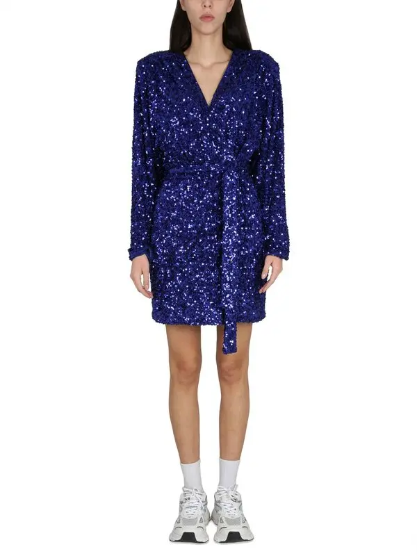 ROTATE BY BIRGER CHRISTENSEN V-neck Sequined Mini Dress With Adjustable Belt - Blue