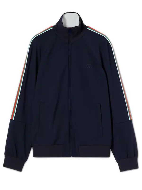 Gucci High Neck Technical Jacket With Ribbed Trim And Striped Sleeves - Blu
