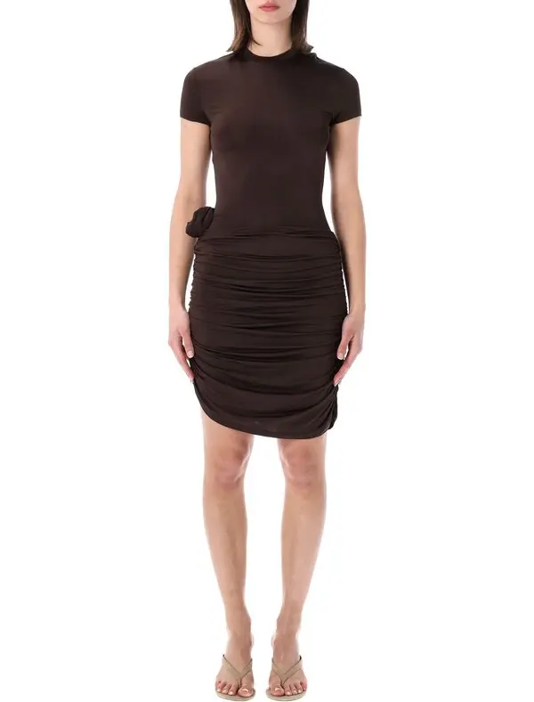 ROTATE BY BIRGER CHRISTENSEN Refined Ruched Mini Dress With Sculptural Rosette - Coffe