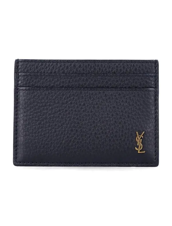Saint Laurent Tiny Cassandre Card Case In Grained Leather - Blue