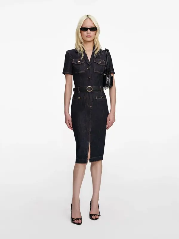SELF-PORTRAIT Stretch Midi Dress With Removable Belt And Front Slit