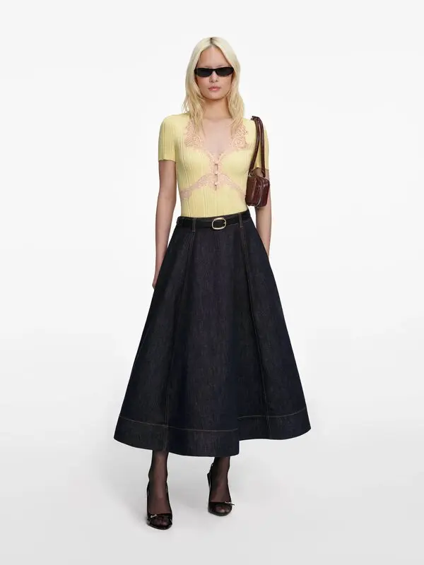 SELF-PORTRAIT Embroidered Midi Skirt With Removable Belt - Blue