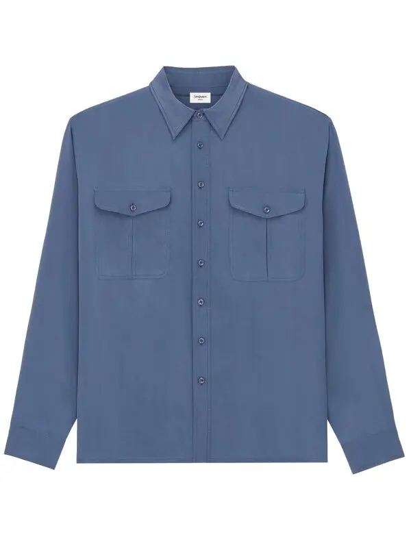 Saint Laurent Long Sleeve Button-up Shirt With Classic Collar For - Navy