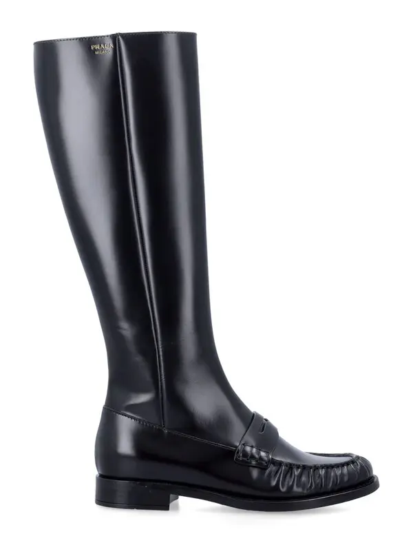 Prada Brushed Leather Knee-high Loafer Boots