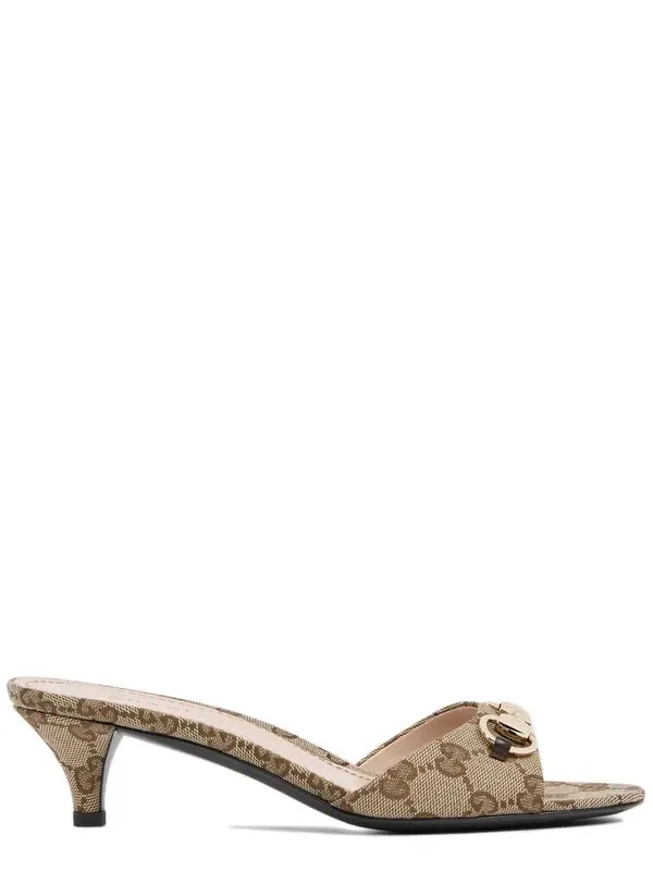 Gucci Elegant Gg Canvas Horsebit Low Heel Sandals 45mm - Beige