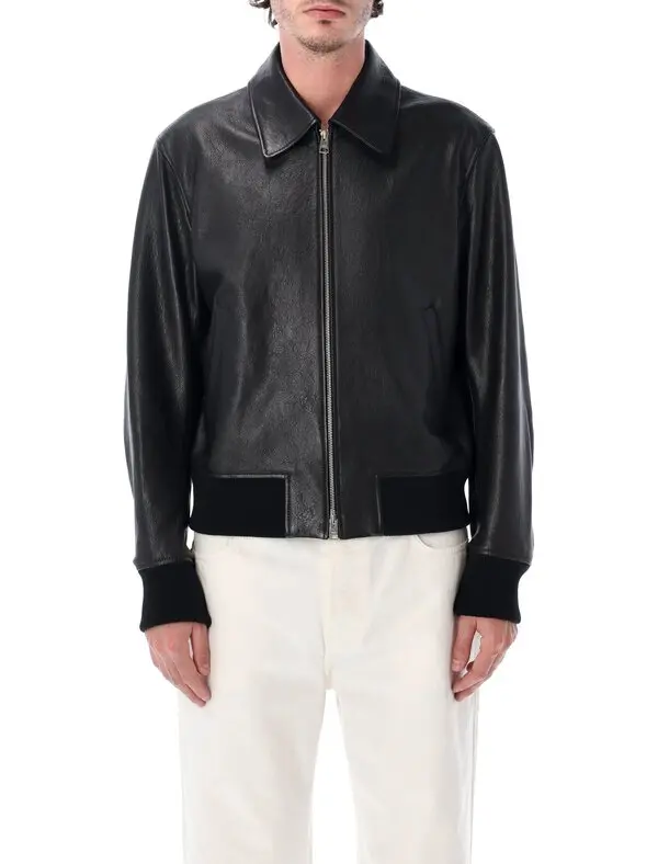 AMI Paris Refined Leather Zip-up Jacket - Black