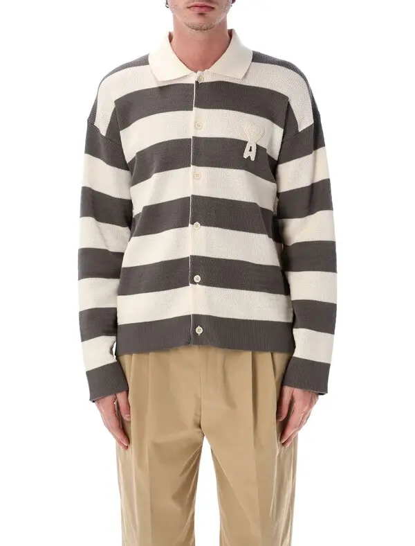 AMI Paris Striped Cotton Cardigan With Coeur Applique - White