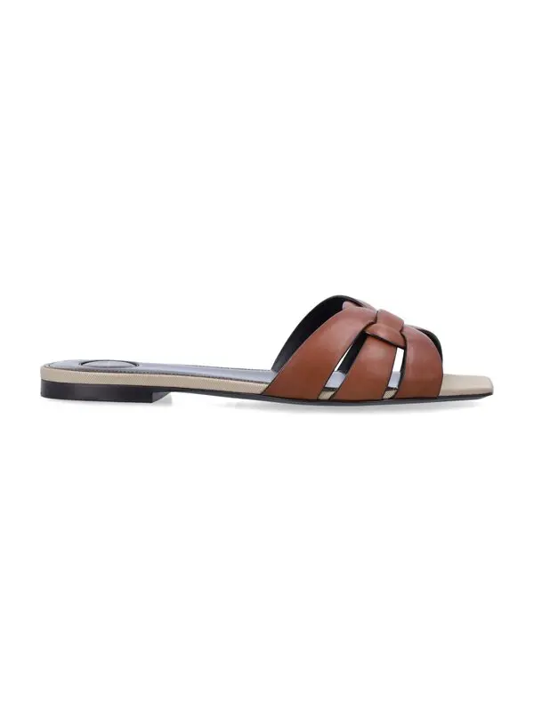Saint Laurent Nu Pieds Woven Patent Flat Sandals - Brown