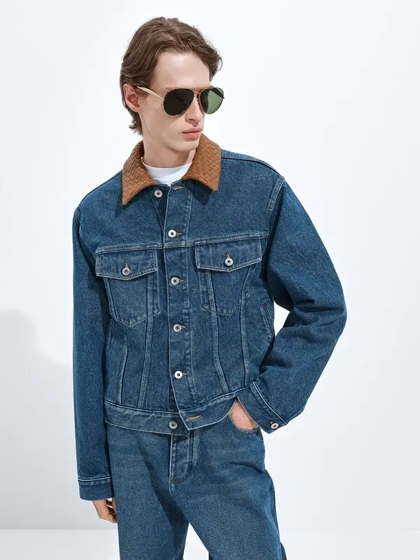 Bottega Veneta Embossed Intrecciato Collar Denim Jacket - Blu