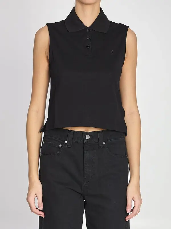 Saint Laurent Cassandre Sleeveless Polo Shirt In Piqu - Black