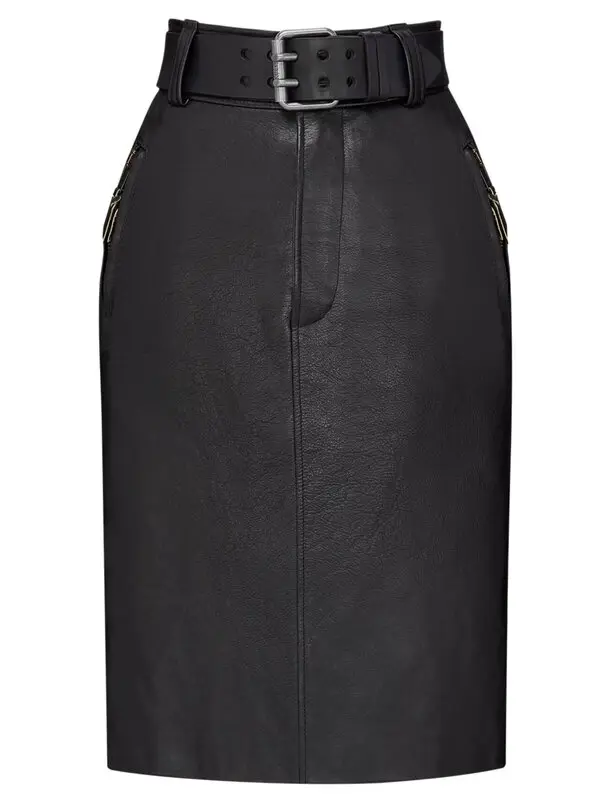 Saint Laurent Belted Pencil Skirt In Grained Leather - Black